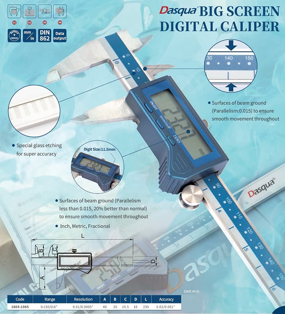 Dasqua Big Screen Digital Caliper 0-200 mm / 0-8" Metal Housing